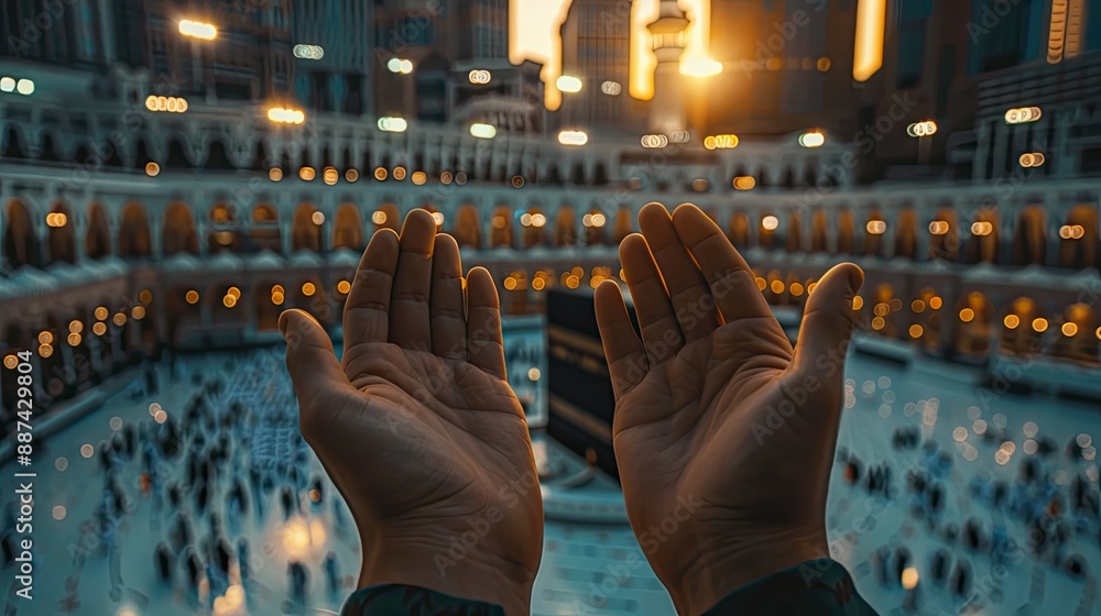 Muslim praying to Allah in front of Kaaba. Islam Iconic Mosque Al Haram ...