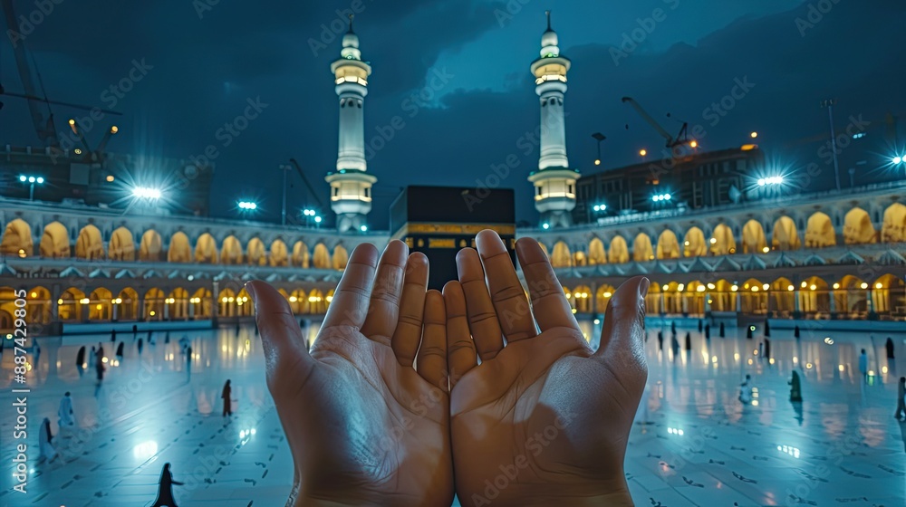 Muslim praying to Allah in front of Kaaba. Islam Iconic Mosque Al Haram ...