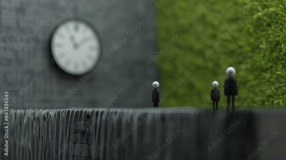 A crisp detailed photo of business figurines with clock faces arranged ...