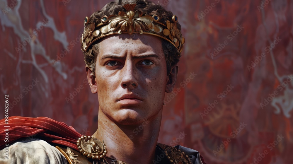 Portrait of Emperor Caligula wearing a golden laurel wreath and red ...