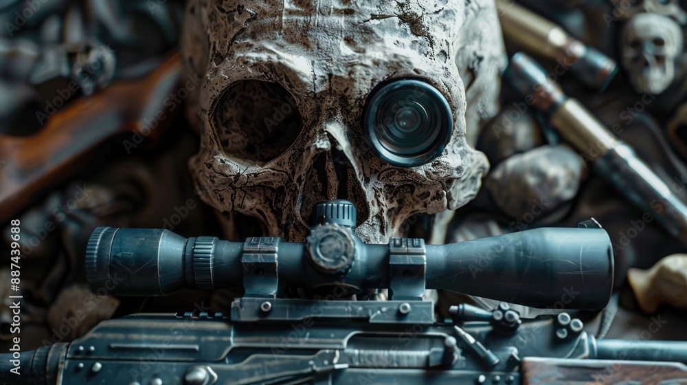 A human skull with a gun and rifle, possibly used as a symbol or prop ...