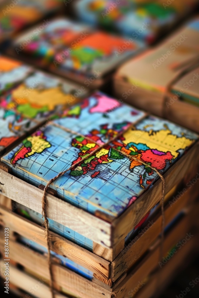 Stack of colorful world maps in boxes tied with twine on a wooden crate ...