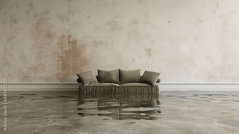 Contemporary minimalist sofa partly submerged in water in an empty room ...