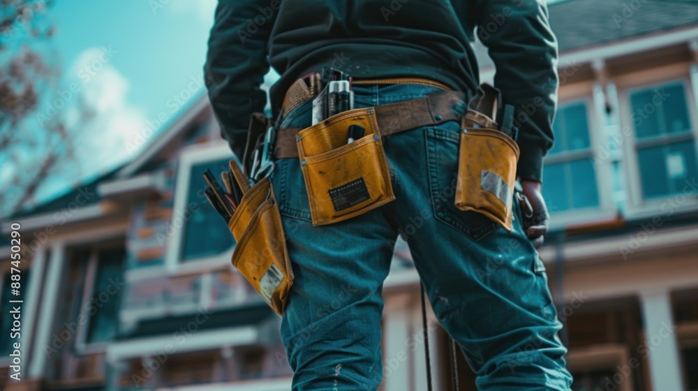 Construction worker wearing safety harness and safety line working at ...