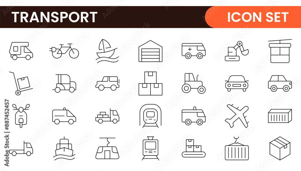 Vetor de Transport icon set. Containing distribution, shipping, transportation, delivery, cargo ...