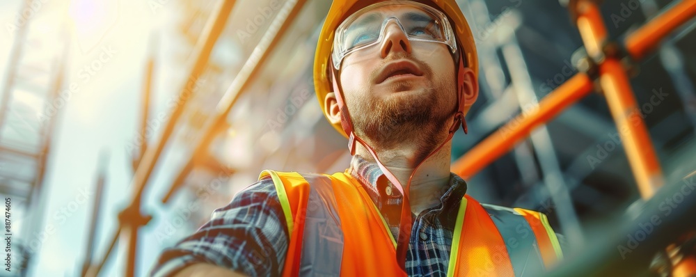 Dedicated Construction Worker Climbing Scaffolding at Building Site ...