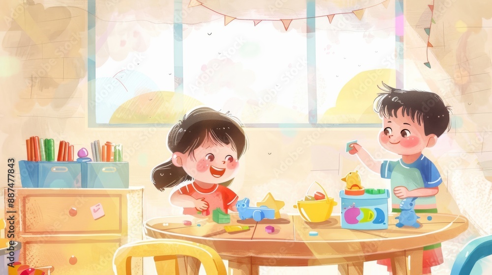 Illustration with a watercolor feel, in a kindergarten classroom with a ...
