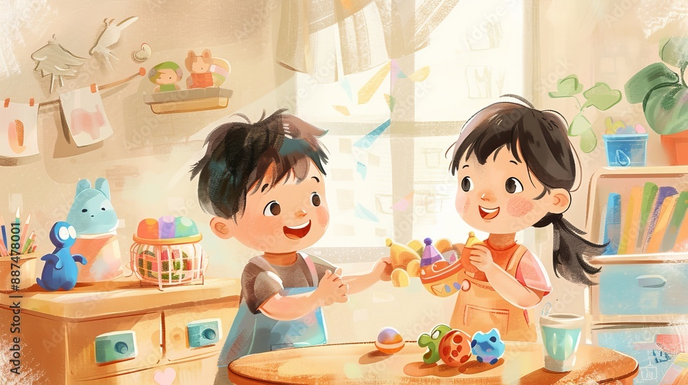 Illustration with a watercolor feel, in a kindergarten classroom with a ...