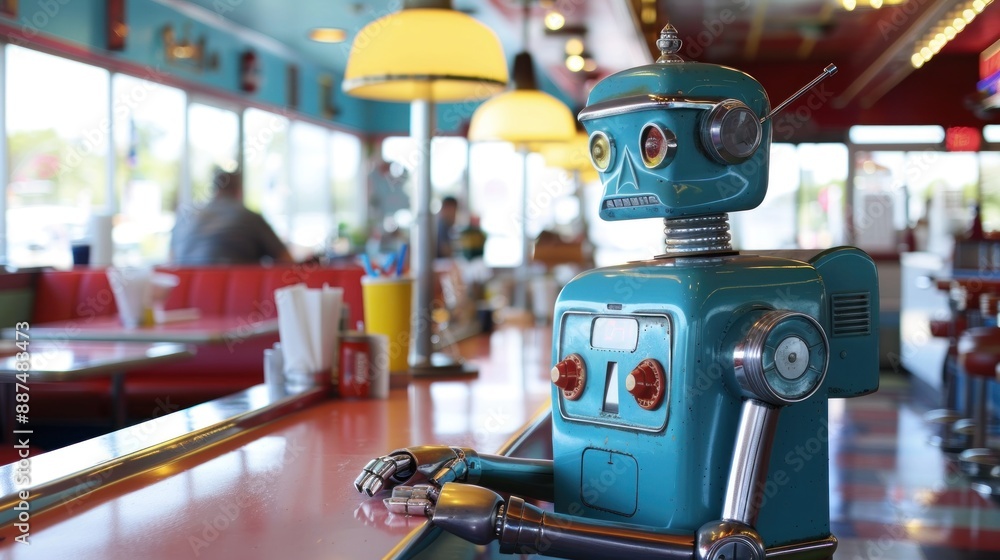 Retro robot serving food at a 1950s diner counter Stock Photo | Adobe Stock
