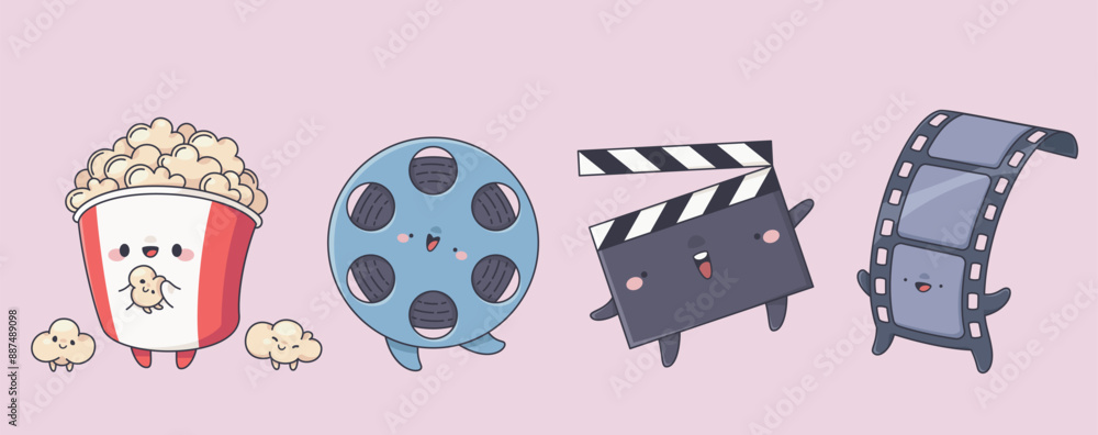 Kawaii cinema mascots set isolated on background. Contemporary vector ...