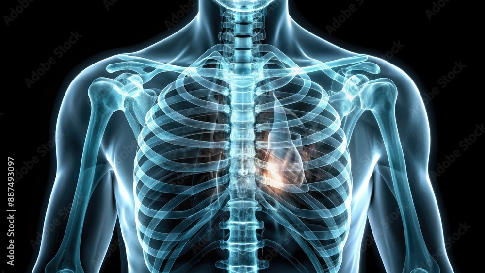 High-contrast X-ray image of a human chest cavity, showing lungs, heart ...