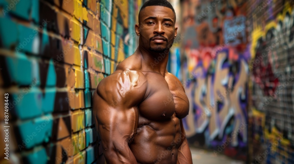 Muscular man standing in a graffiti-covered alley. Strong and intense ...