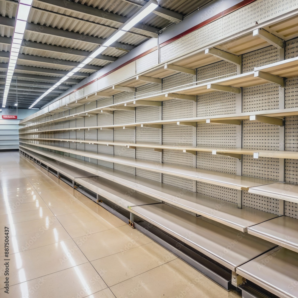 Barren shelves stretch far and wide, devoid of products, at a deserted ...