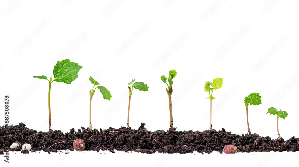 Multiple stages of a maple sprout’s growth, from seed to small plant ...