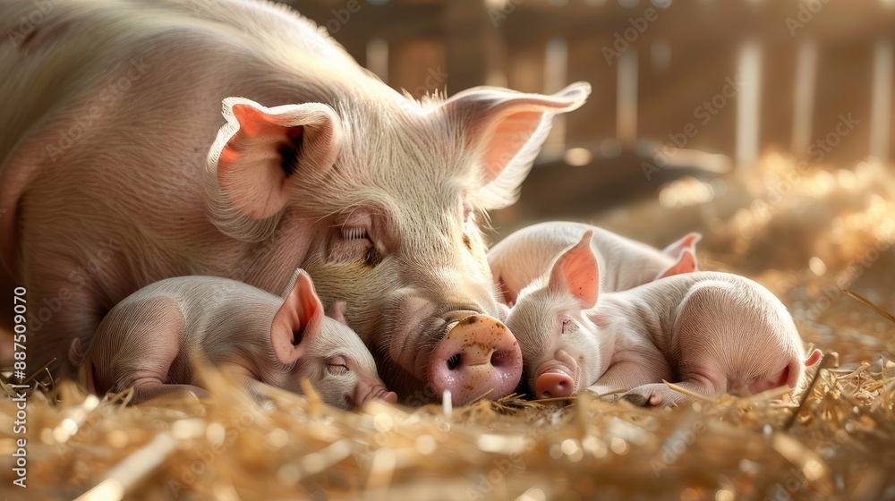 pig resting with her piglets in a cozy barn, illustrating a family ...