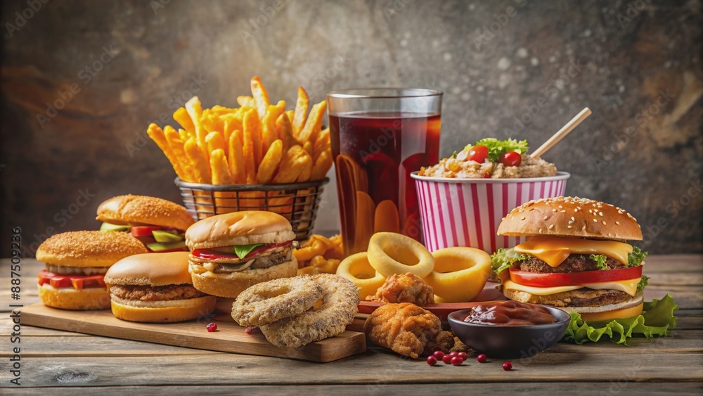 Composition of various junk unhealthy fast food items on the table ...