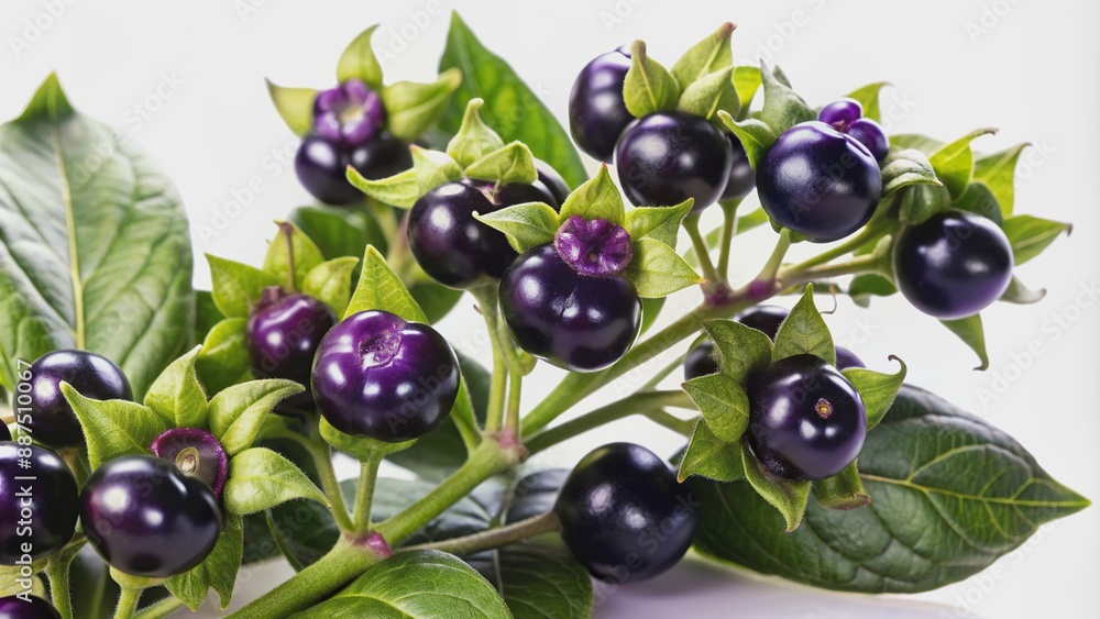 Belladonna plant with dark purple flowers and shiny black berries isolated on white background ...