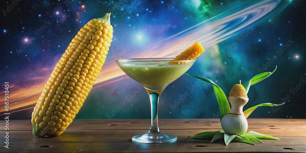 Surrealist alien cocktail bar with corn on the cob, surreal ...