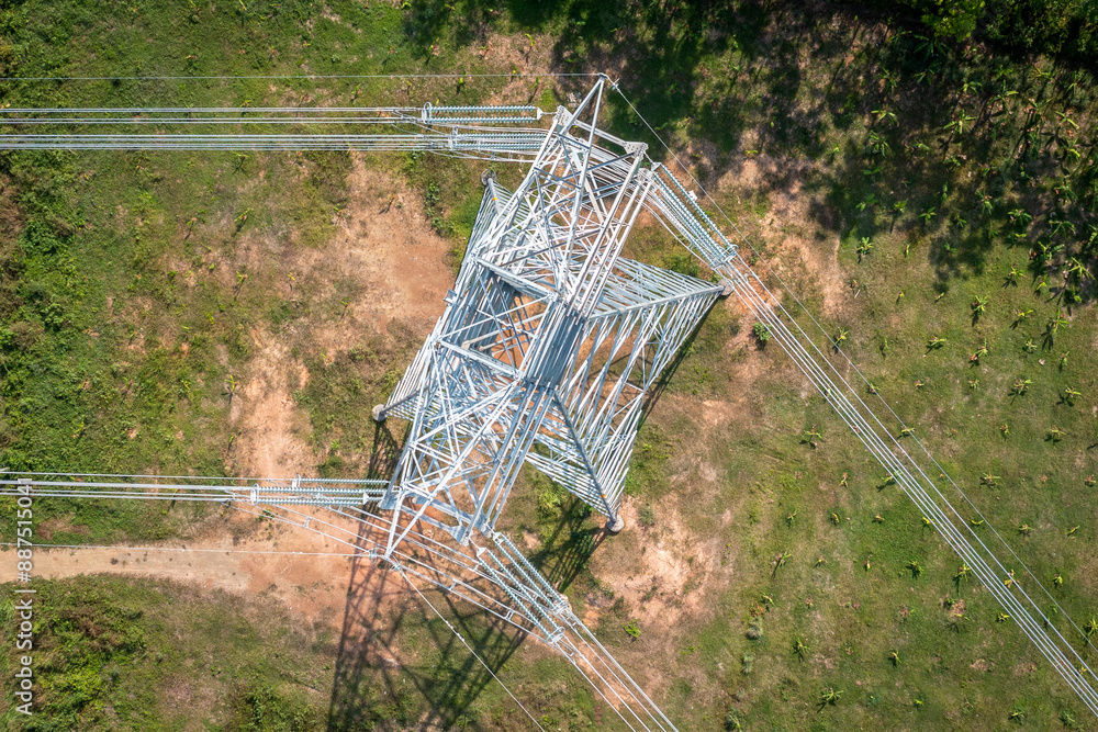 Aerial view of Electricity pylon (Strommasten), high-voltage power ...