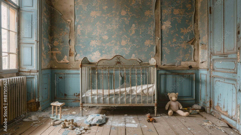 Decrepit abandoned nursery with an aged crib in a dilapidated attic room. Concept of urban decay ...