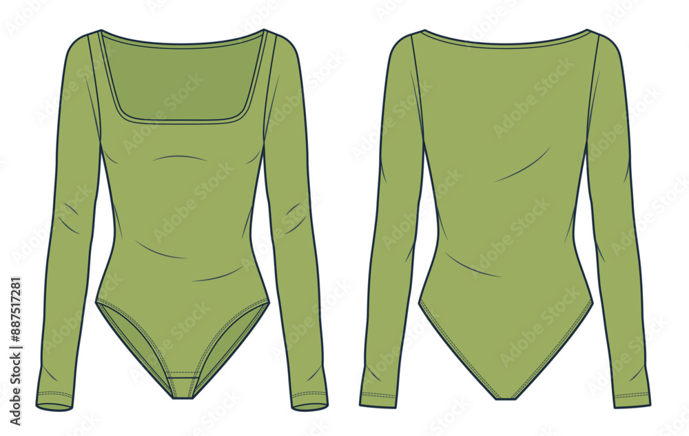 Square Neck Bodysuit technical fashion illustration. Long Sleeve ...