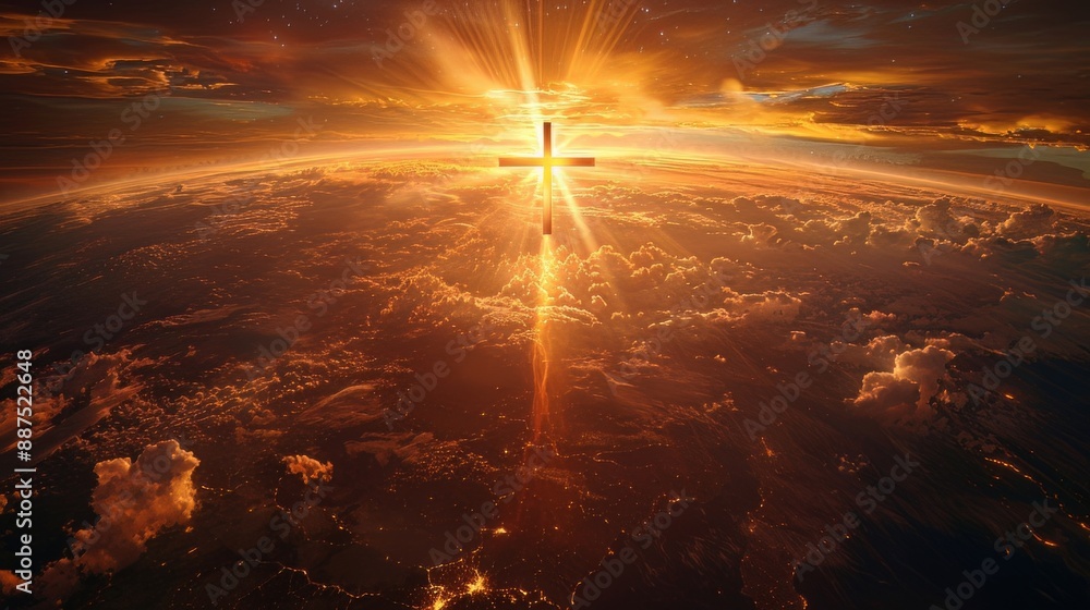 Shiny glowing golden Christian religion faith cross symbol sign above ...