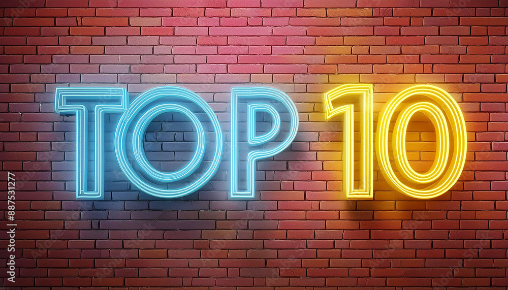 Top 10 neon blue and yellow light text on empty red brick wall banner ...