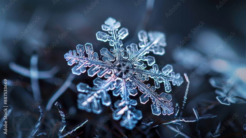 High-resolution macro photograph of a snowflake against a dark backdrop ...