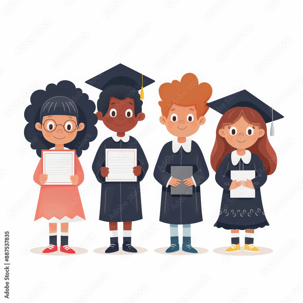 Illustration of four children in graduation attire holding diplomas ...