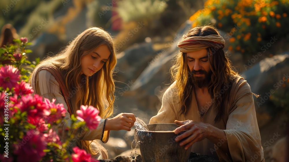 Biblical Illustration, Jesus talking with Samaritan woman at the Jacob ...