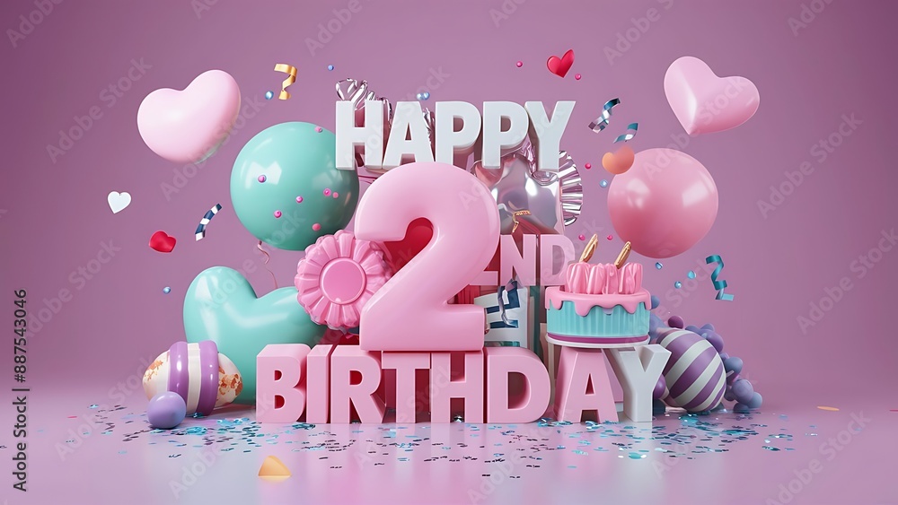 Minimalist 3D Pastel theme Happy 2nd Birthday Background With ...