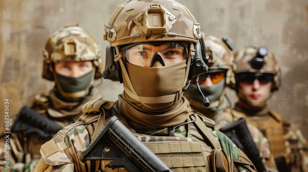 Intense image of modern soldiers in full gear standing confidently in a ...