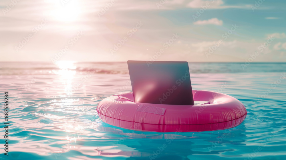 Laptop computer on a pool float in a swimming pool for people working ...