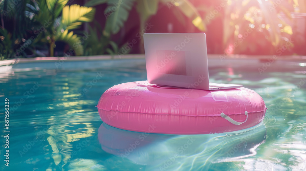 Laptop computer on a pool float in a swimming pool for people working ...