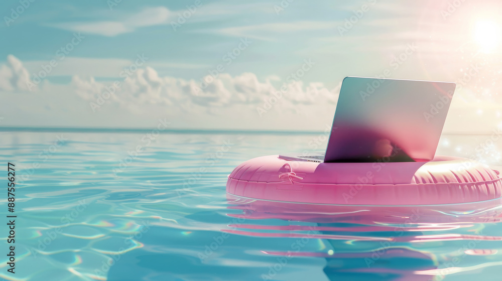 Laptop computer on a pool float in a swimming pool for people working ...