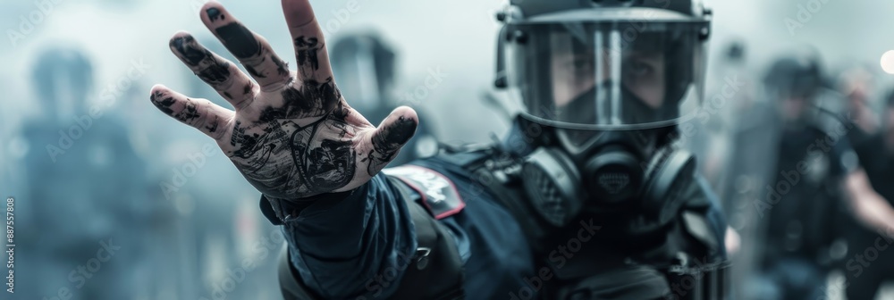 Riot Police in Action - A riot police officer in full gear with a gas ...