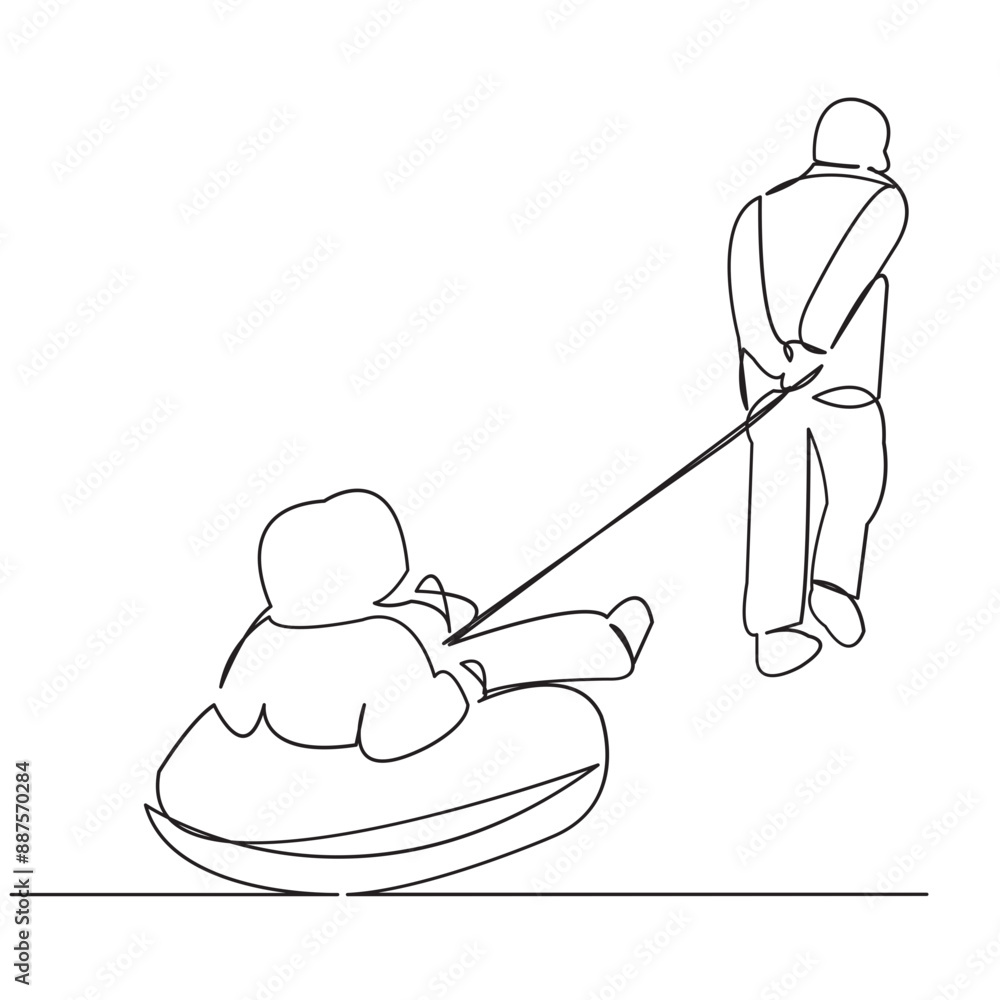 continuous single drawn one line dad rolls baby snow tubing inflatable ...