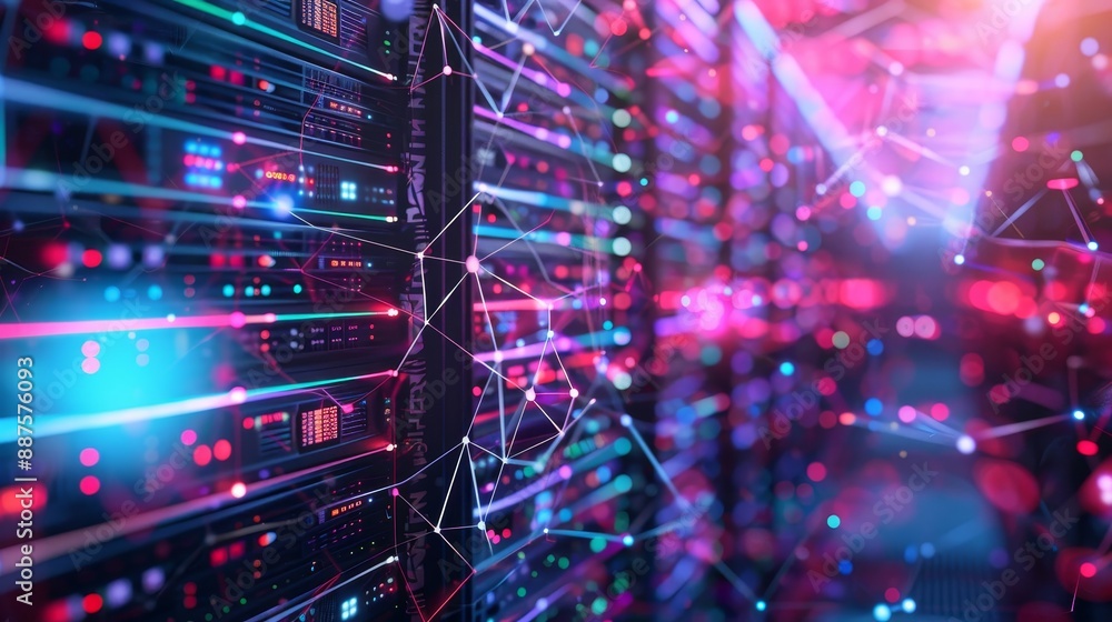 Server Room with Network Connections - A close-up of a server rack in a ...