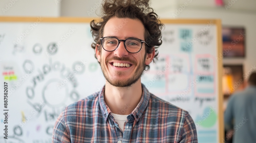 Male Product Manager in Casual Attire Smiling at Camera, Whiteboard ...
