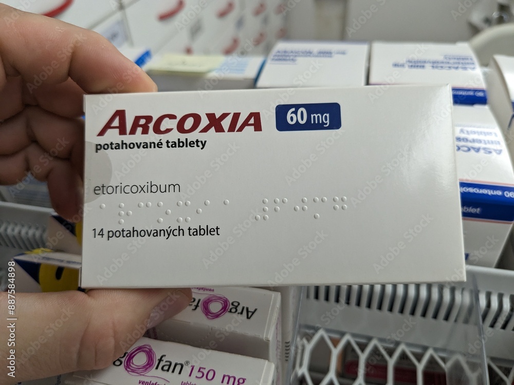 Prague, Czech Republic - July 10 2024: ARCOXIA box of medication with ...