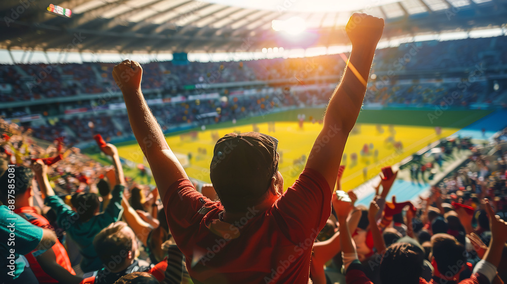 Excited sports fans cheer passionately in a bustling stadium, their ...