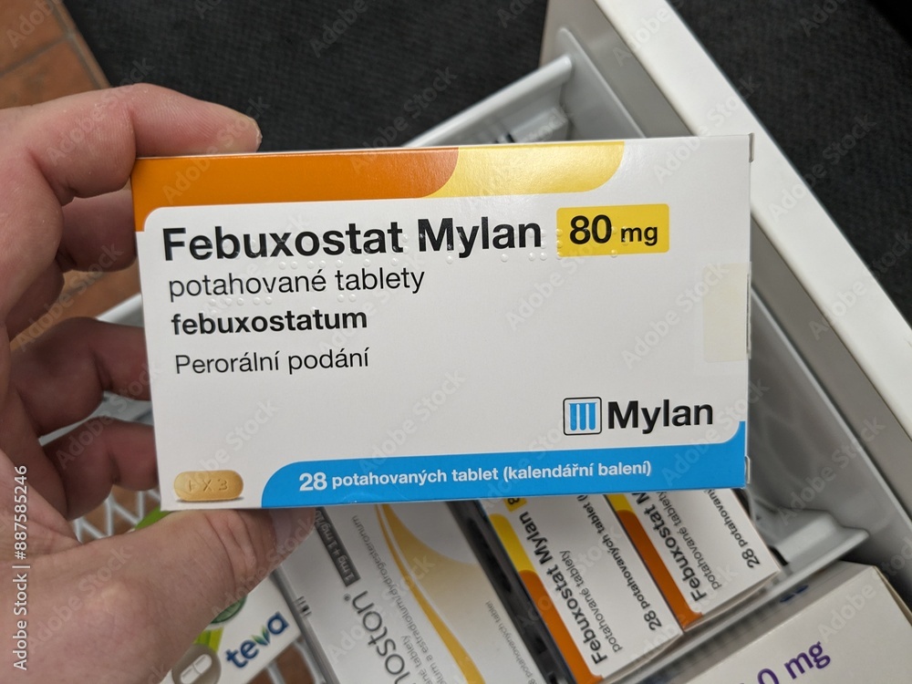 Prague, Czech Republic - July 10 2024: FEBUXOSTAT MYLAN box of ...