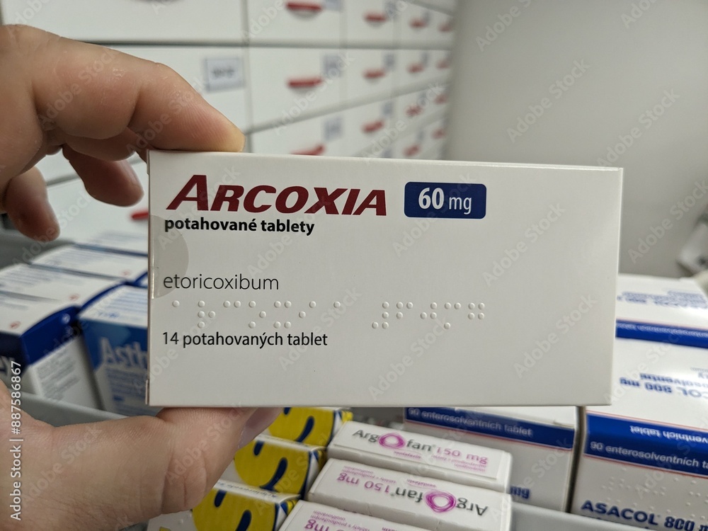 Prague, Czech Republic - July 10 2024: ARCOXIA box of medication with ...