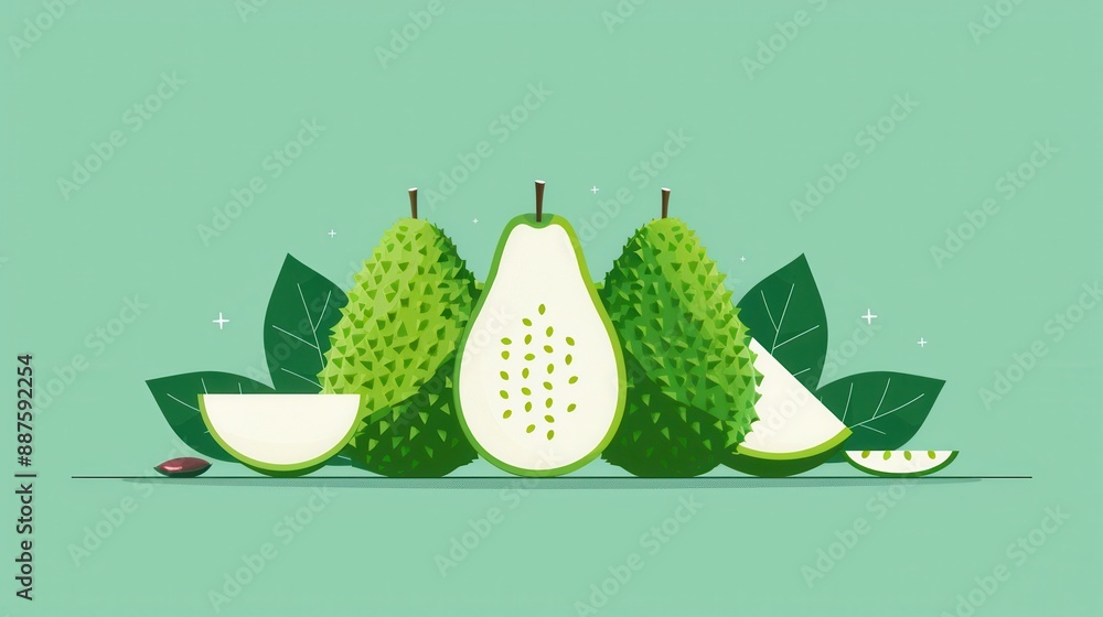 Vector illustration of fresh soursop fruits with leaves on a green ...