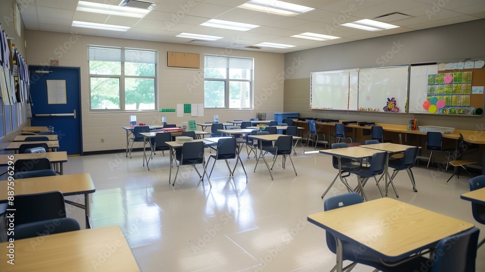Empty High School Classroom with Student Desks and Academic Supplies ...
