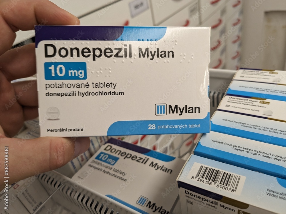 Prague, Czech Republic - July 10 2024: DONEPEZIL MYLAN box of ...