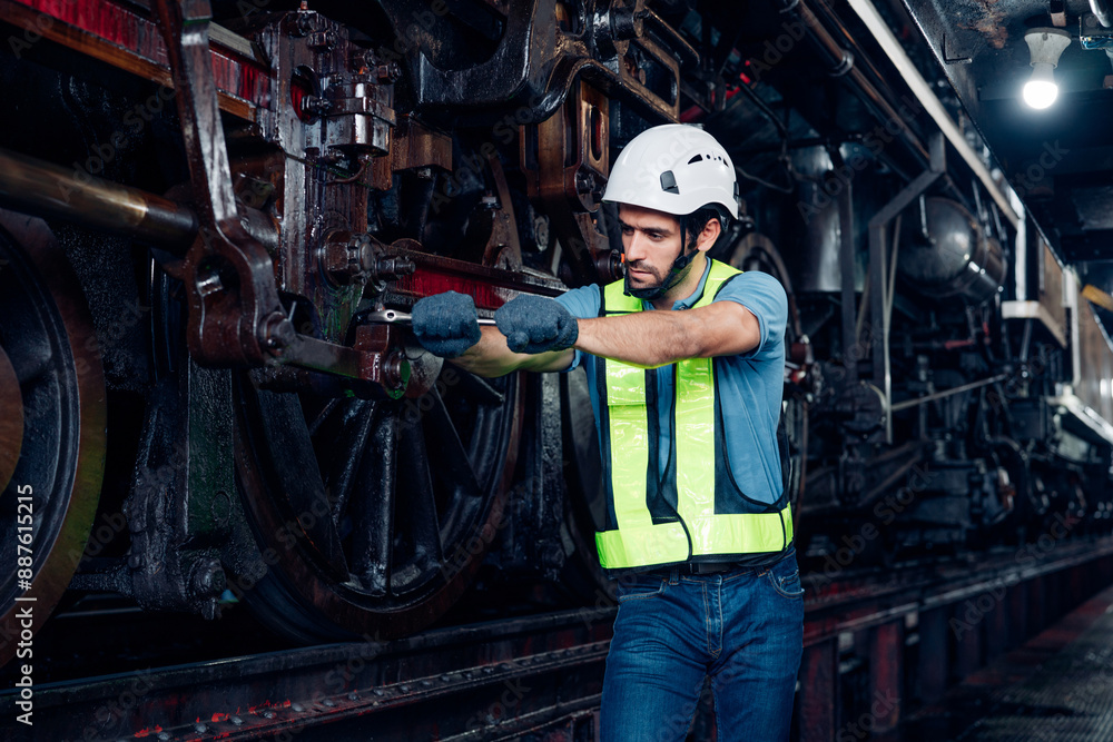 Engineer railway wearing safety uniform and helmet under checking under ...