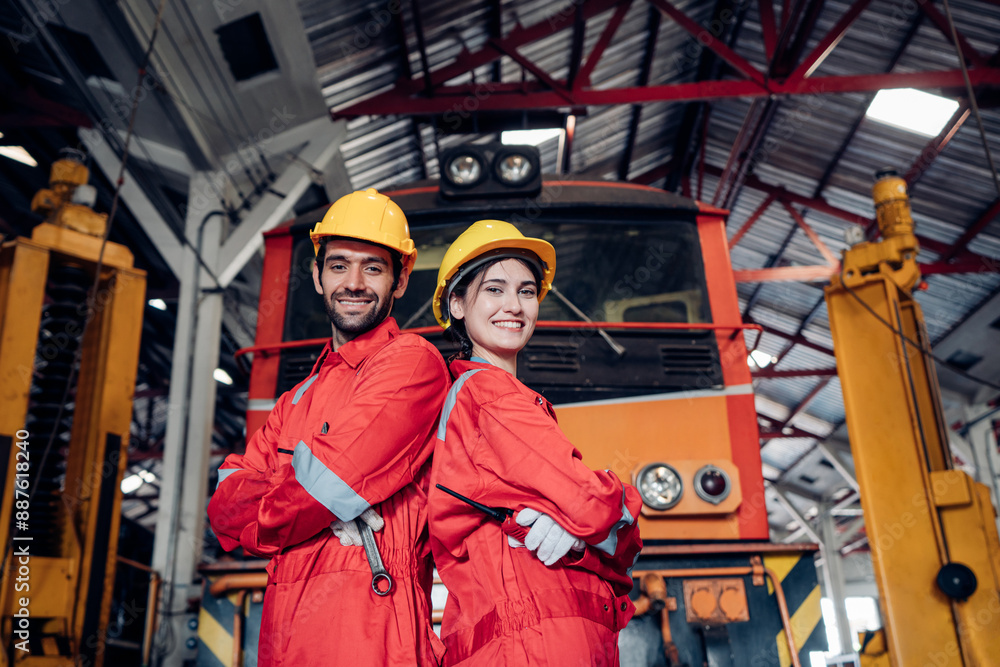 Team of engineer railway wearing safety uniform and helmet under ...