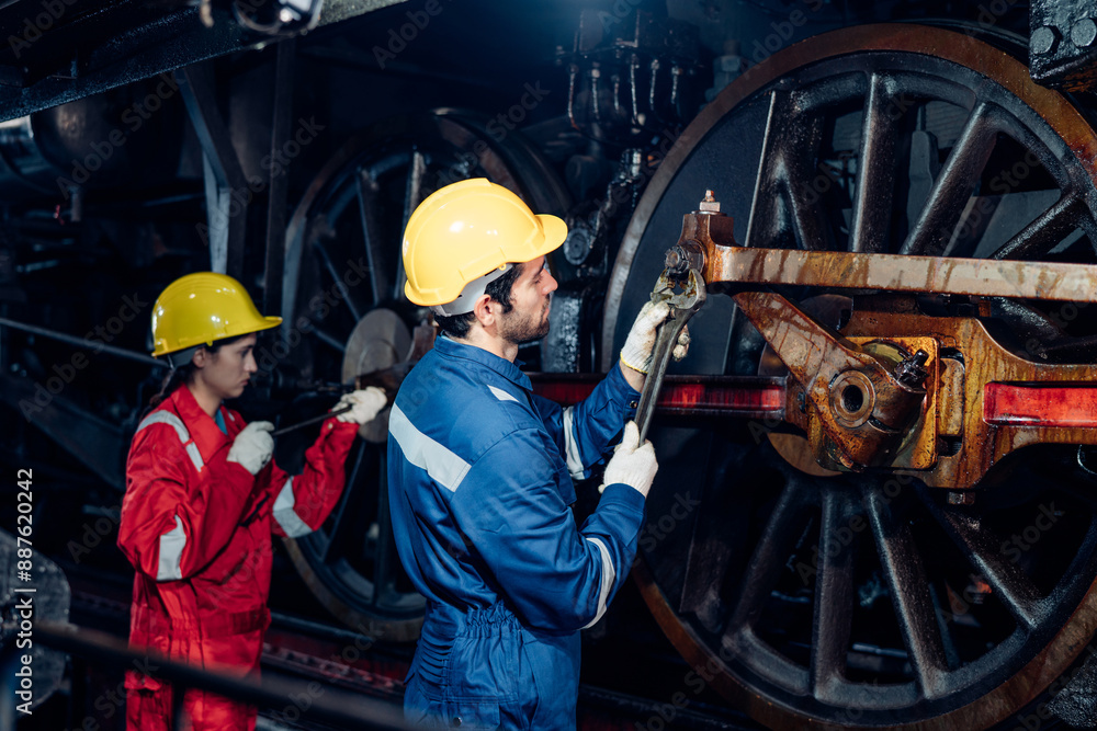 Team of engineer railway wearing safety uniform and helmet under ...