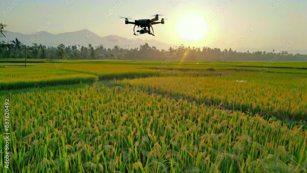 Drone Flying Over Rice Paddy Field at Sunset. A drone flies over a rice ...